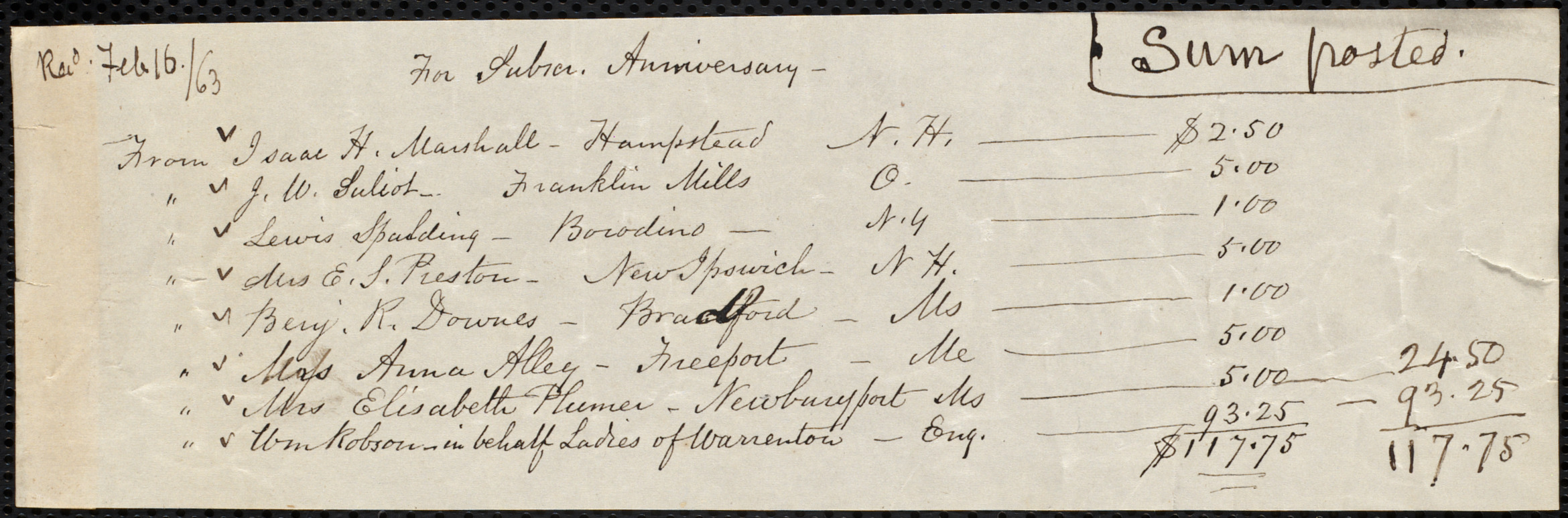 List of contributions from Robert Folger Wallcut, to Samuel May, [Feb ...