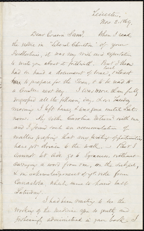 Letter from Samuel May, Leicester, [Mass.], to Samuel Joseph May, Nov ...