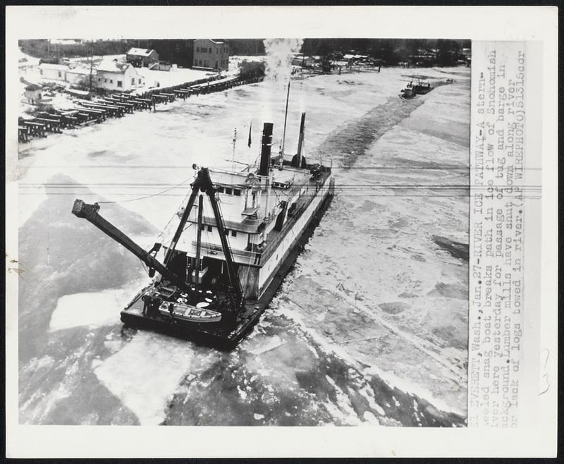 River Ice Pathway- A sterneeled snag boat breaks in ice flow of ...