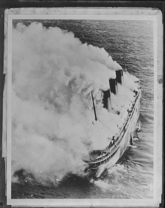 French liner SS Atlantique on fire off Guernsey, England - Digital ...