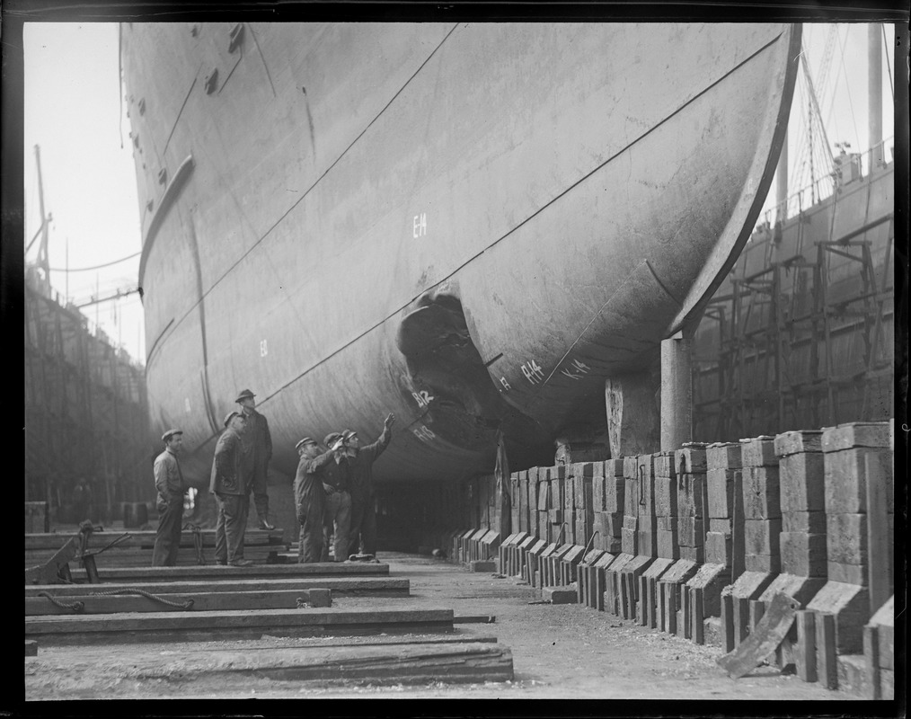 Hull of SS Robert E. Lee in East Boston drydock showing damage from ...
