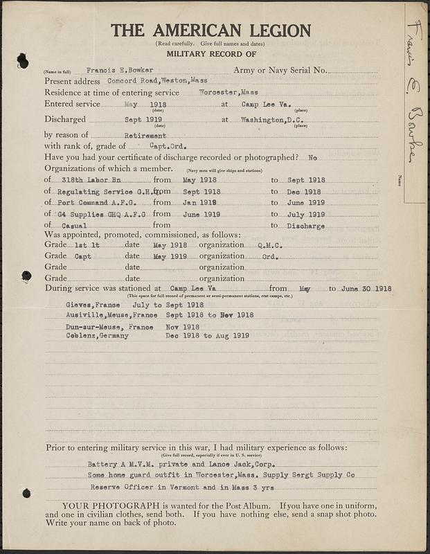 American Legion military record of Francis Edwin Bowker - Digital ...