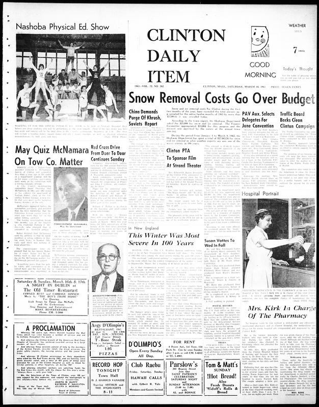 Clinton Daily Item. March 16, 1963 - Digital Commonwealth