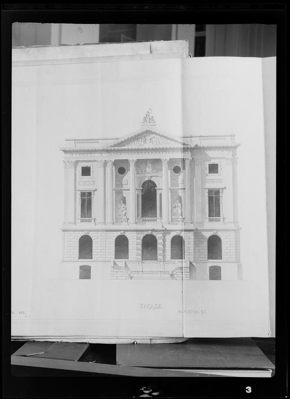 Copy negative of front elevation drawing of "first building of ...