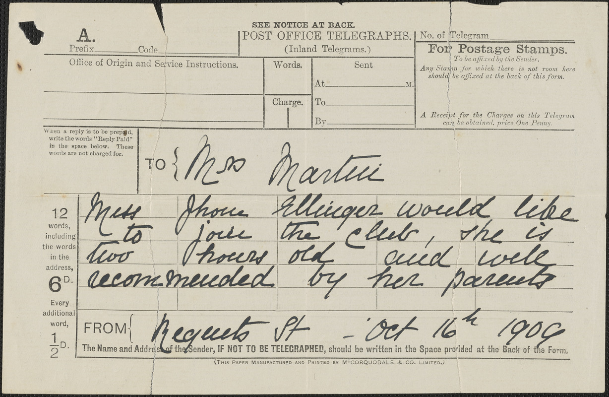 Telegram to Victoria [Woodhull] Martin, [London], October 16, 1909 ...