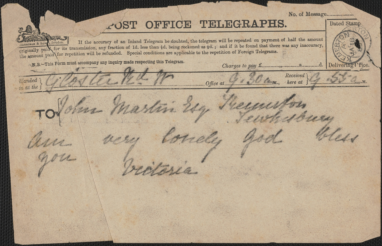 Victoria [Woodhull Martin] telegram to John [Biddulph] Martin, [London ...