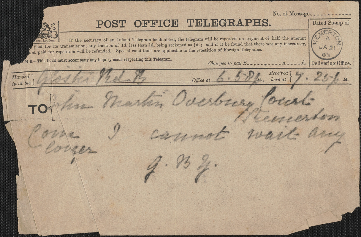 [Victoria Woodhull Martin] telegram to [John Biddulph Martin, London ...