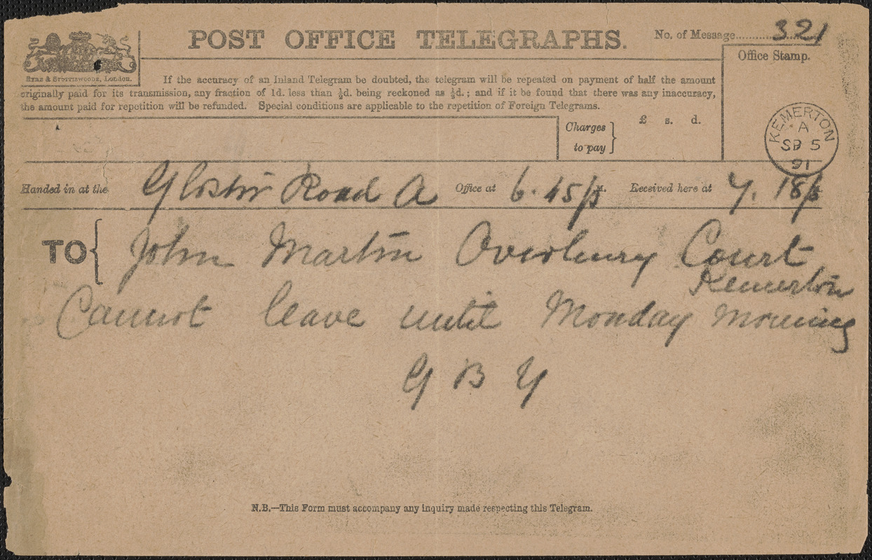 [Victoria Woodhull Martin] telegram to John [Biddulph] Martin, [London ...
