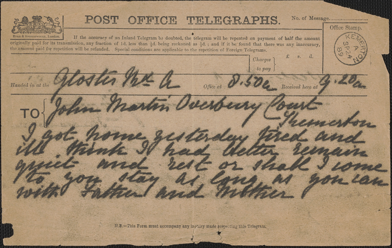 [Victoria Woodhull Martin] telegram to John [Biddulph] Martin, [London ...