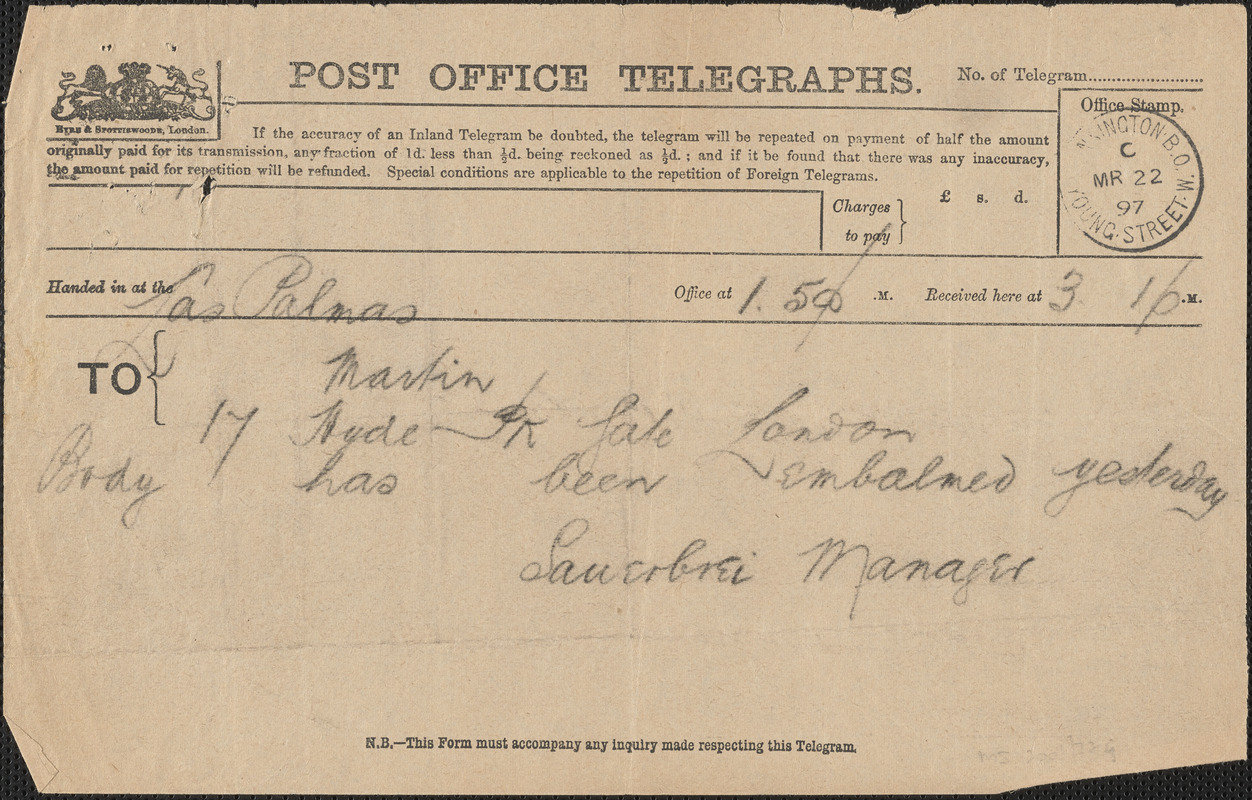 Sanerbrei Manager telegram to [Victoria Woodhull] Martin, Las Palmas ...