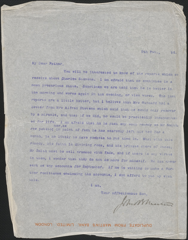 [John Biddulph Martin] typed letter signed to [Robert Martin], February ...