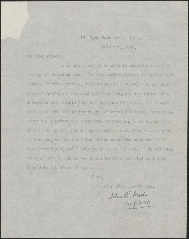 [John Biddulph Martin] typed letter signed (copy/initials) to [Robert ...