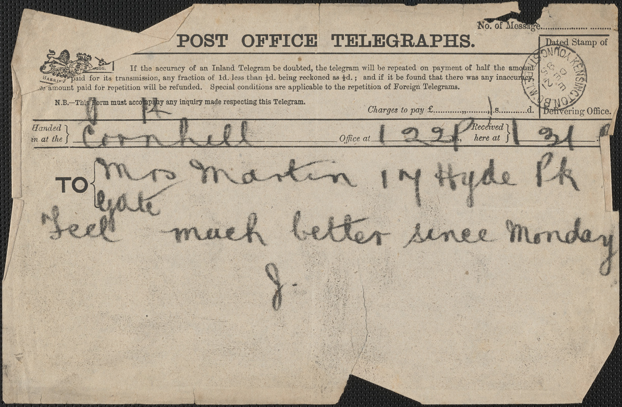 [John Biddulph Martin] telegram to [Victoria Woodhull Martin, London ...