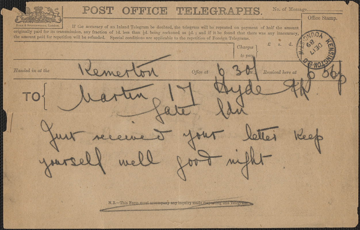 [John Biddulph Martin] telegram to [Victoria Woodhull Martin ...