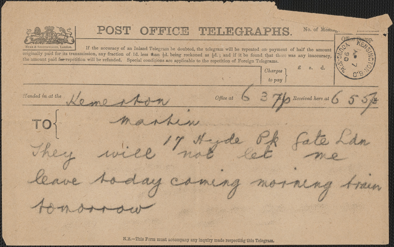 [John Biddulph Martin] telegram to [Victoria Woodhull Martin ...