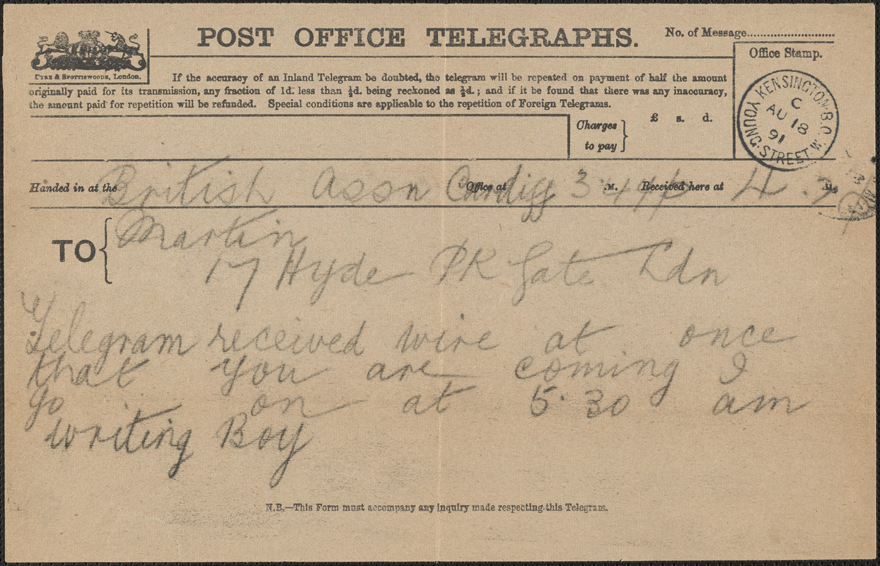 [John Biddulph Martin] telegram to [Victoria Woodhull Martin, Cardiff ...