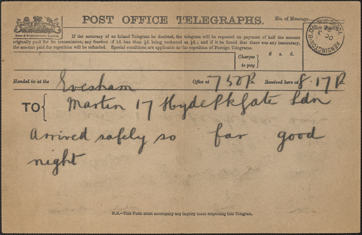 [John Biddulph Martin] telegram to [Victoria Woodhull Martin], Evesham ...