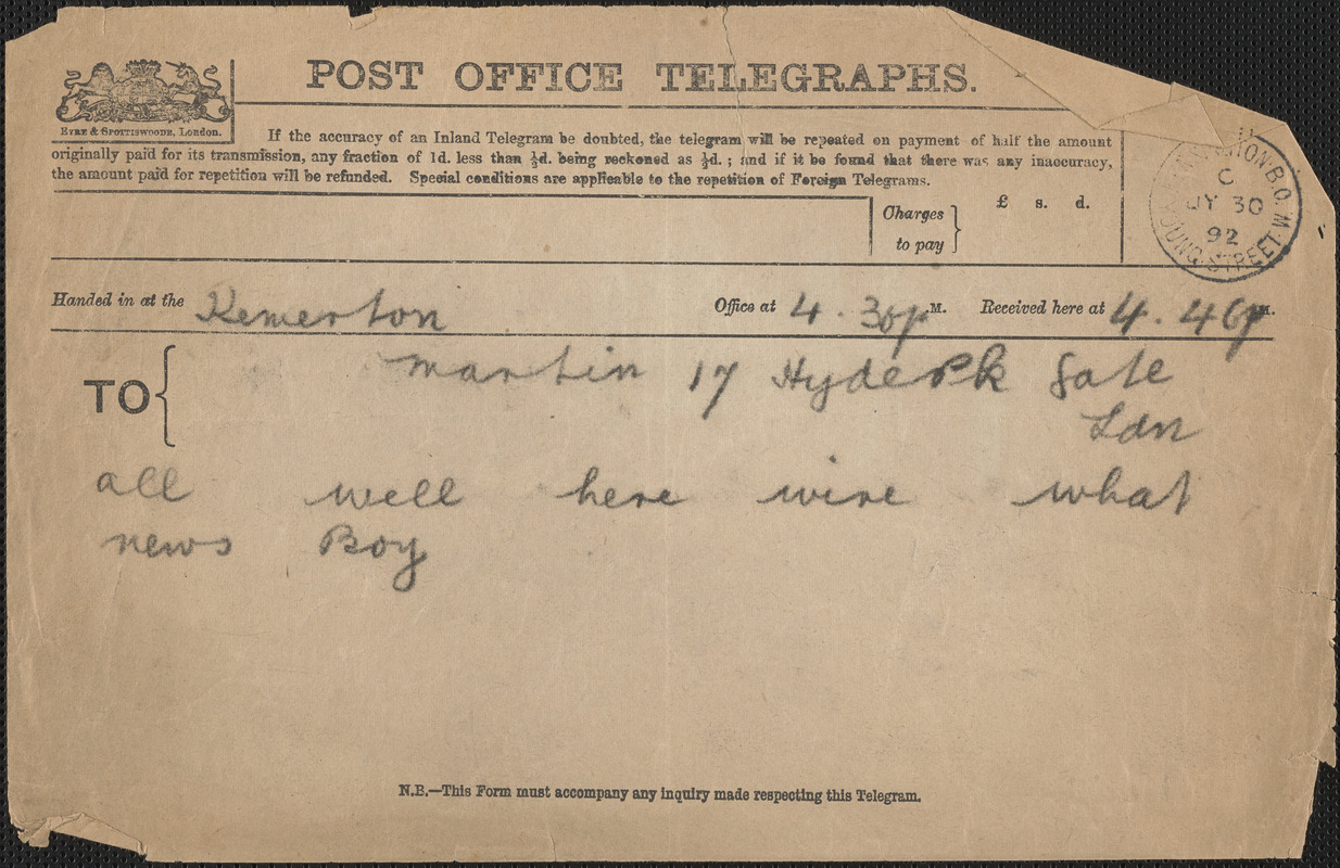 [John Biddulph Martin] telegram to [Victoria Woodhull Martin ...