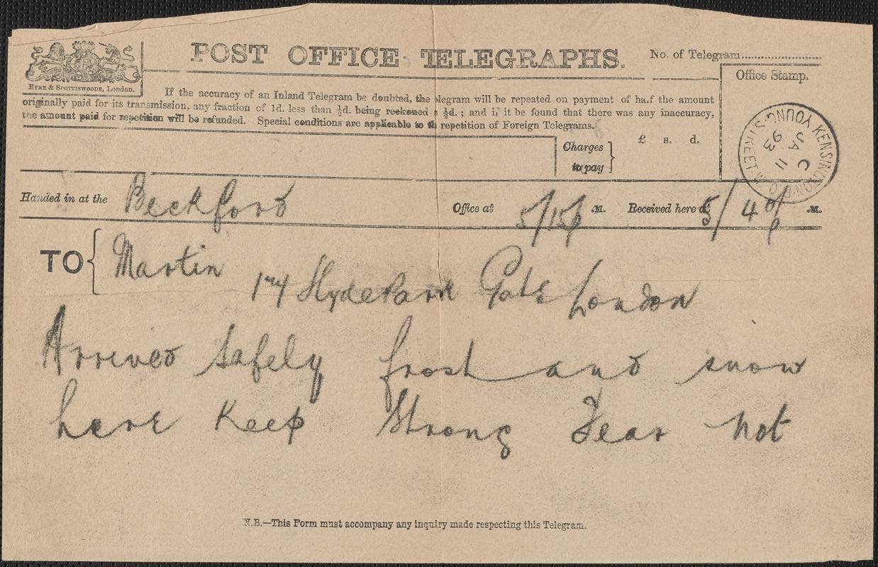 [John Biddulph Martin] telegram to [Victoria Woodhull Martin], Beckford ...