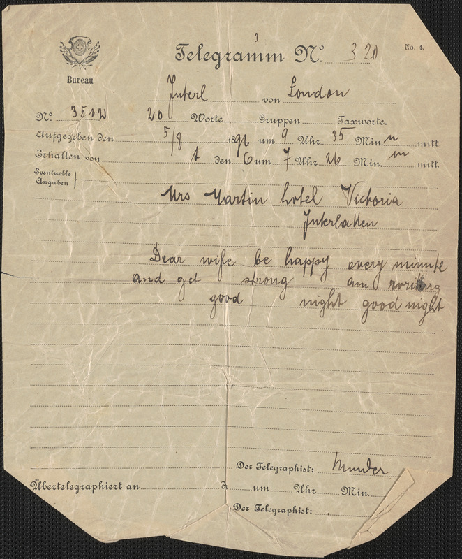 [John Biddulph Martin] telegram to [Victoria Woodhull Martin, Germany ...