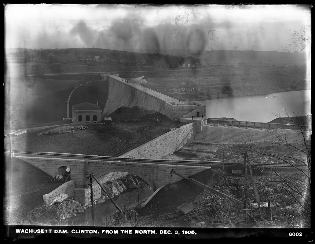 Wachusett Dam, view of dam and appurtenances, from the north, Railroad ...