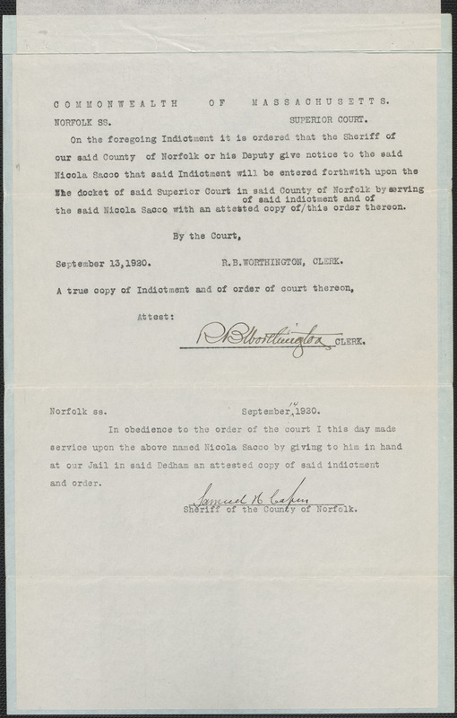 Return of service on Nicola Sacco - Digital Commonwealth