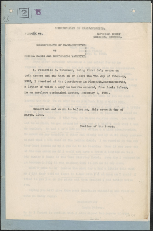 Affidavit of Frederick G. Katzmann, includes letter from Louis Pelser ...