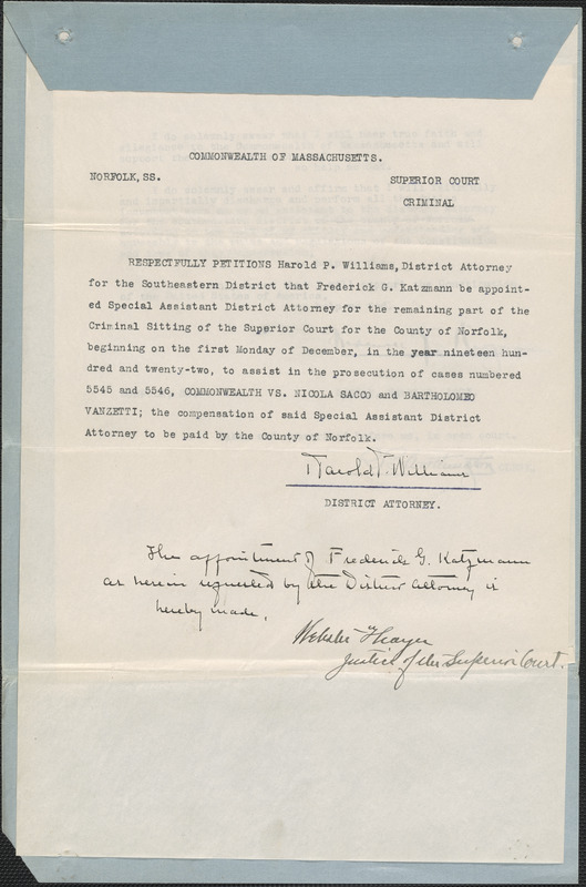 Motion of District Attorney Harold P. Williams for the appointment of ...