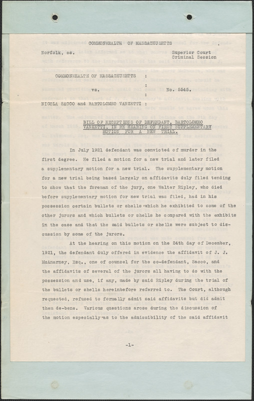Bill of Exceptions of defendant Bartolomeo Vanzetti on First ...