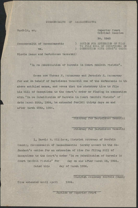 Motion for Extension of Time to File Bill of Exceptions in Connection ...