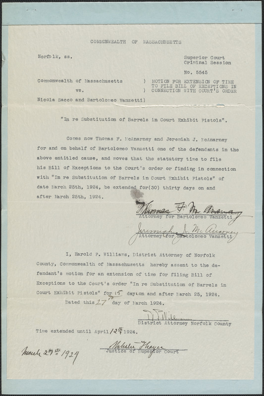 Motion for Extension of Time to File Bill of Exceptions in Connection ...