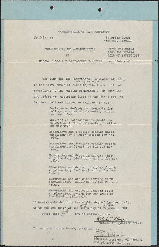 Order Extending Time for Filing Bill of Exceptions to October 15, 1924 ...