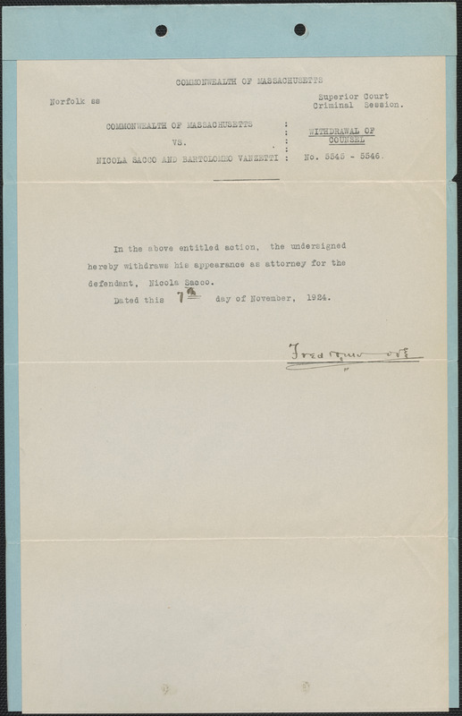 Withdrawal as Counsel of Fred H. Moore - Digital Commonwealth
