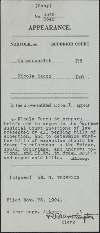 Appearance of William G. Thompson for defendant Nicola Sacco - Digital ...