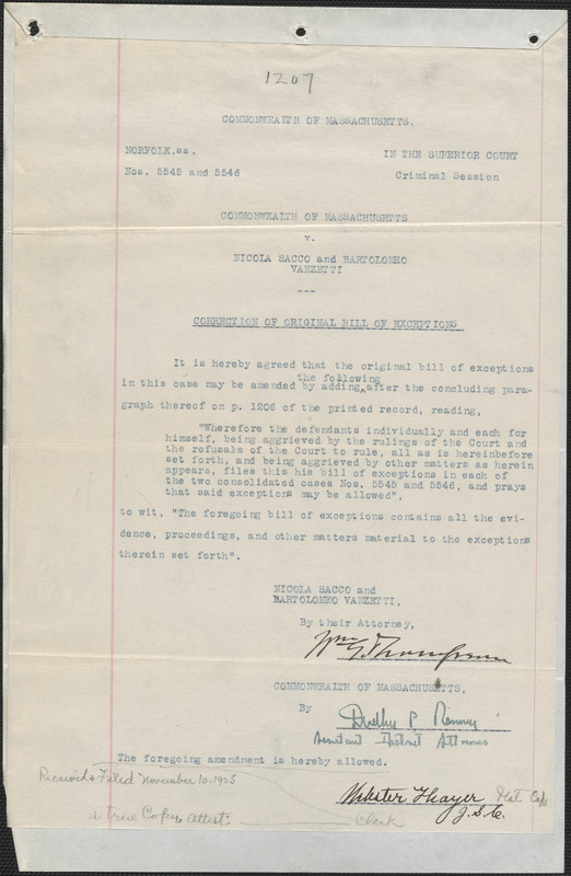 Correction of Original Bill of Exceptions - Digital Commonwealth