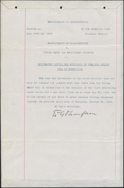 Defendants' Motion for Extension of Time for Filing Bill of Exceptions ...