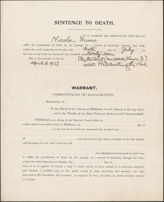 Sentence to Death for Nicola Sacco - Digital Commonwealth
