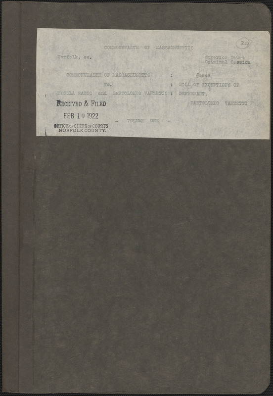 Bill of Exceptions of Defendant, Bartolomeo Vanzetti - Digital Commonwealth