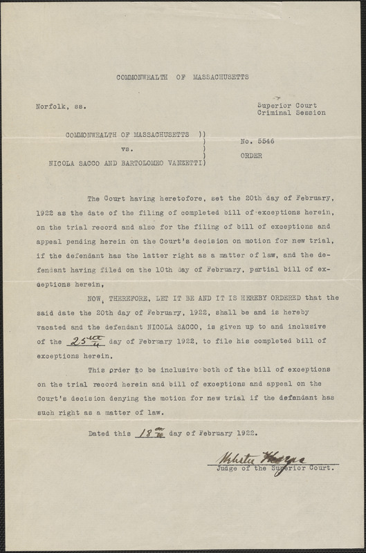 Order Extending Time for Filing Completed Bill of Exceptions of ...