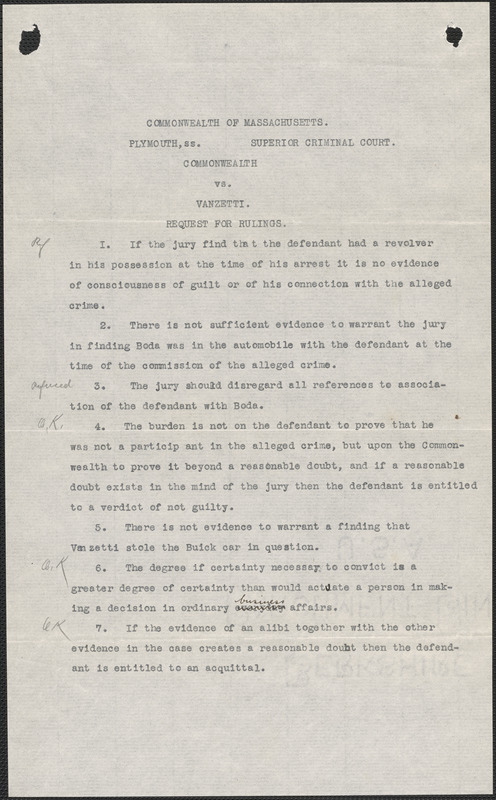 Request for Rulings in Commonwealth v. Vanzetti - Digital Commonwealth
