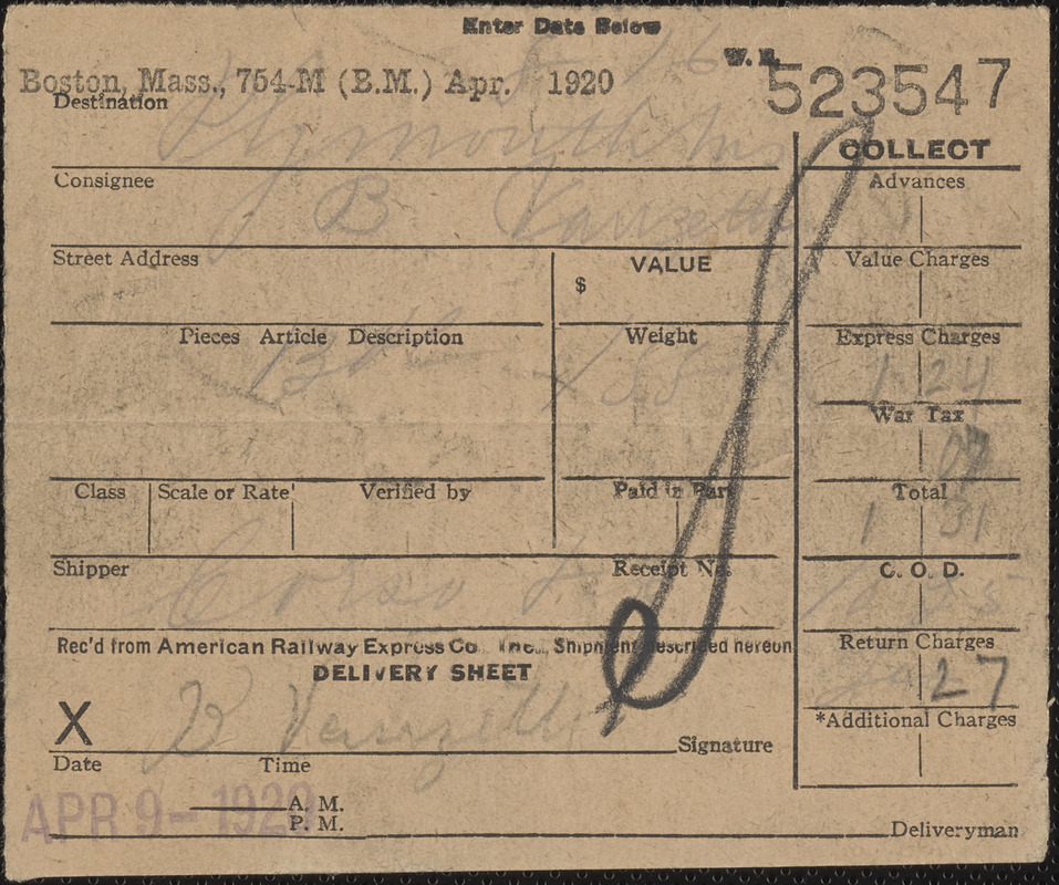 Six American Express Railway receipts - Digital Commonwealth