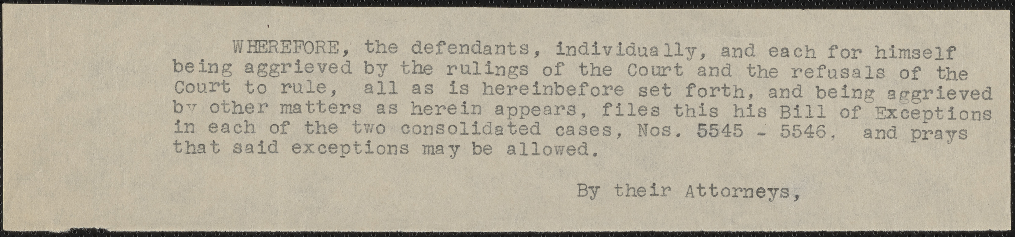 Paper portion about Defendants' filing of a Bill of Exceptions ...