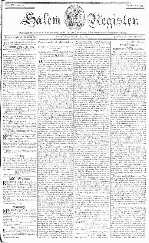 The Salem Register. April 18, 1803 - Digital Commonwealth
