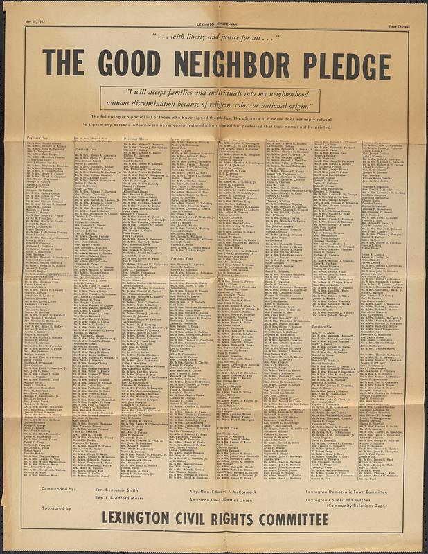 Lexington Minuteman Article “The Good Neighbor Pledge” listing families ...
