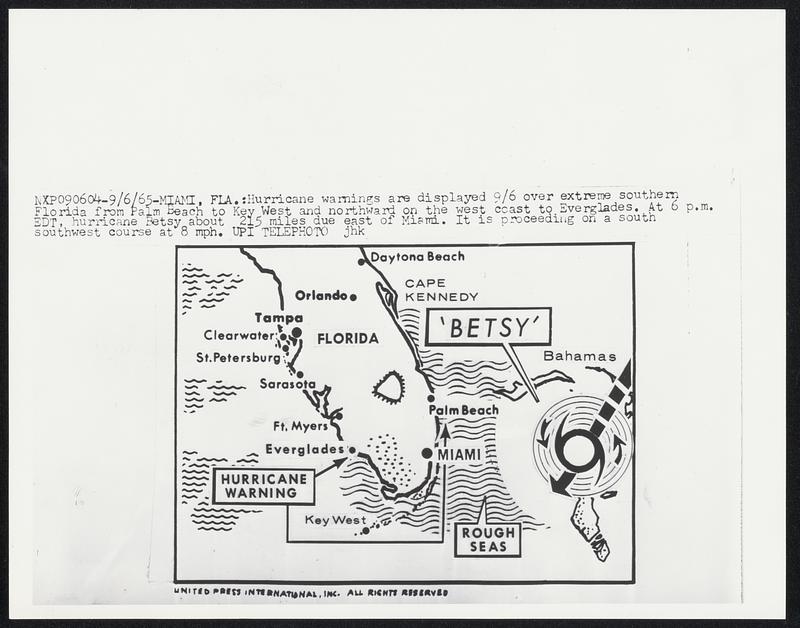 Miami, Fla.: Hurricane warnings are displayed 9/6 over extreme southern ...