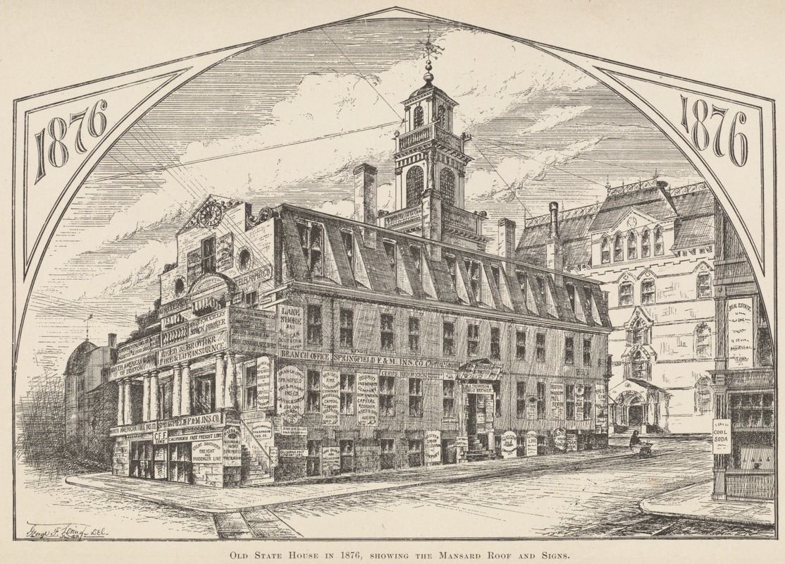Old State House in 1876, showing the mansard roof and signs - Digital ...