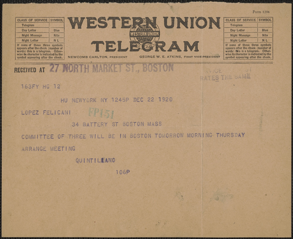 Luigi Quintiliano [Italian Committee for Political Prisoners] telegram ...
