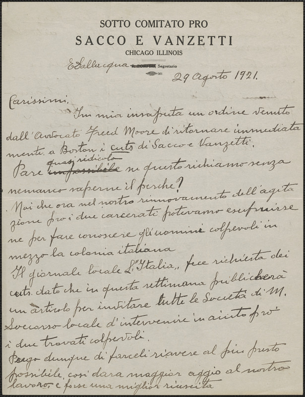 E. Dallacqua (Sotto Comitato Pro Sacco e Vanzetti) autograph letter ...