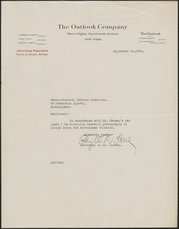 Phyllis M. Horne (The Outlook Company) typed note signed to Sacco ...