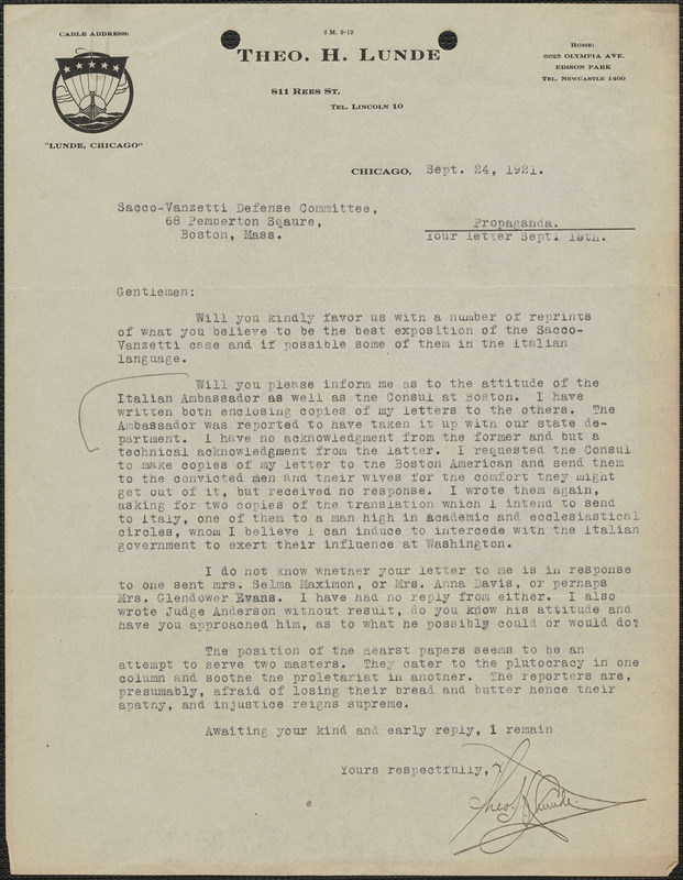 Theodore H. Lunde typed letter signed to Sacco-Vanzetti Defense ...